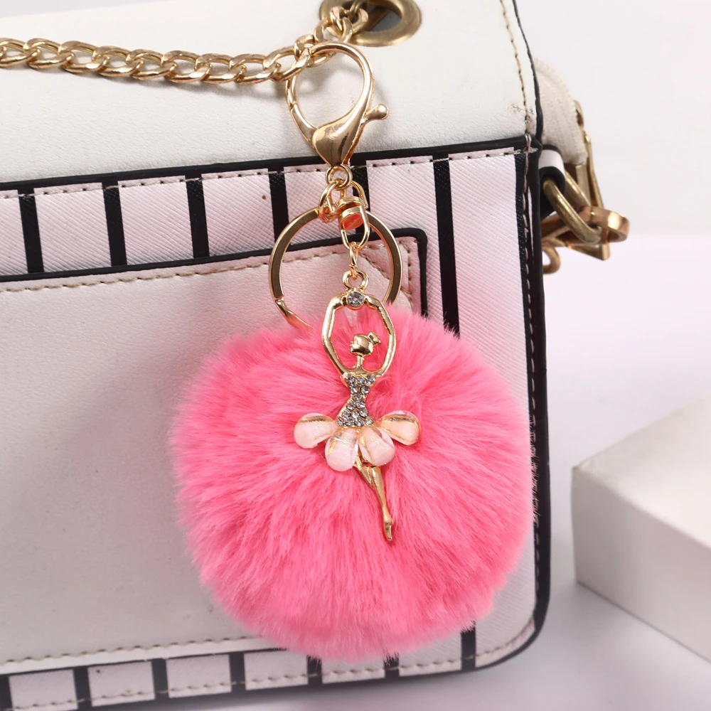 Cute Rhinestone Ballet Girl Keychain For Women Plush Ball Car Key ...