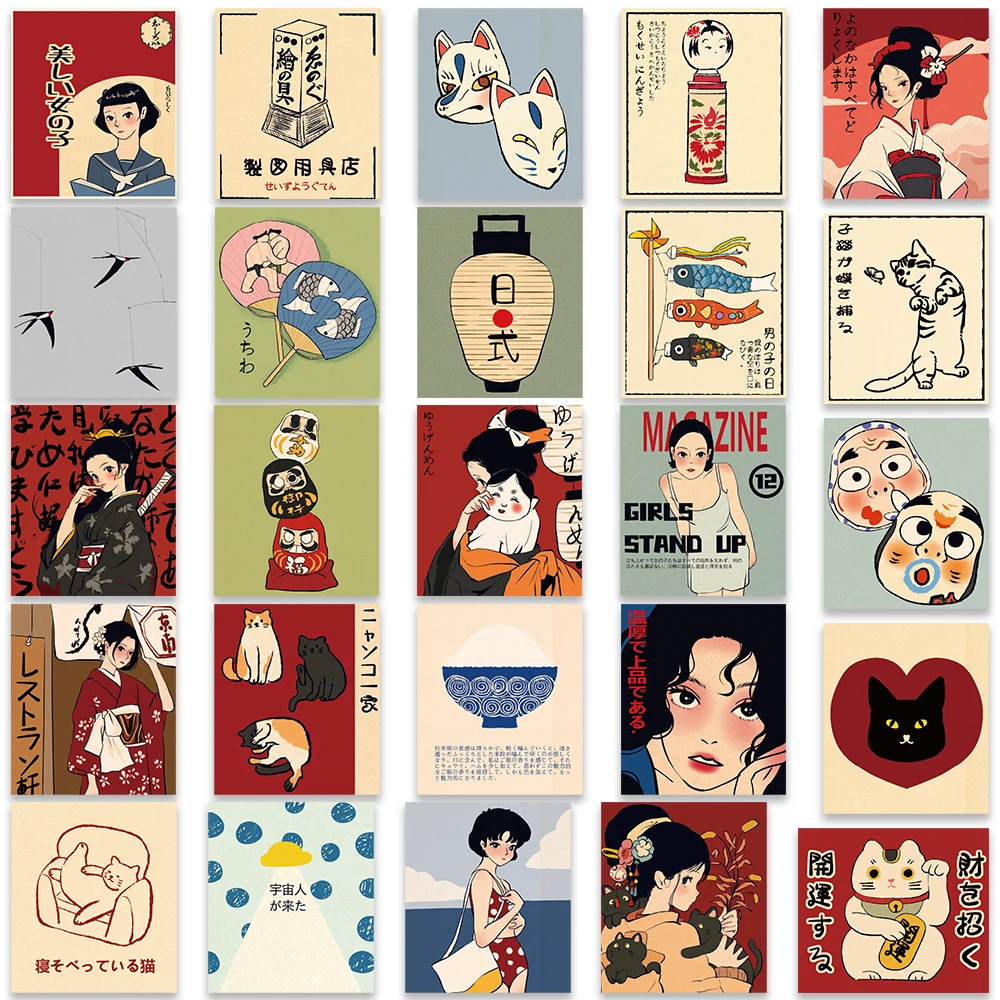 Japanese Retro Sticker Set - 50pcs Cartoon & Culture