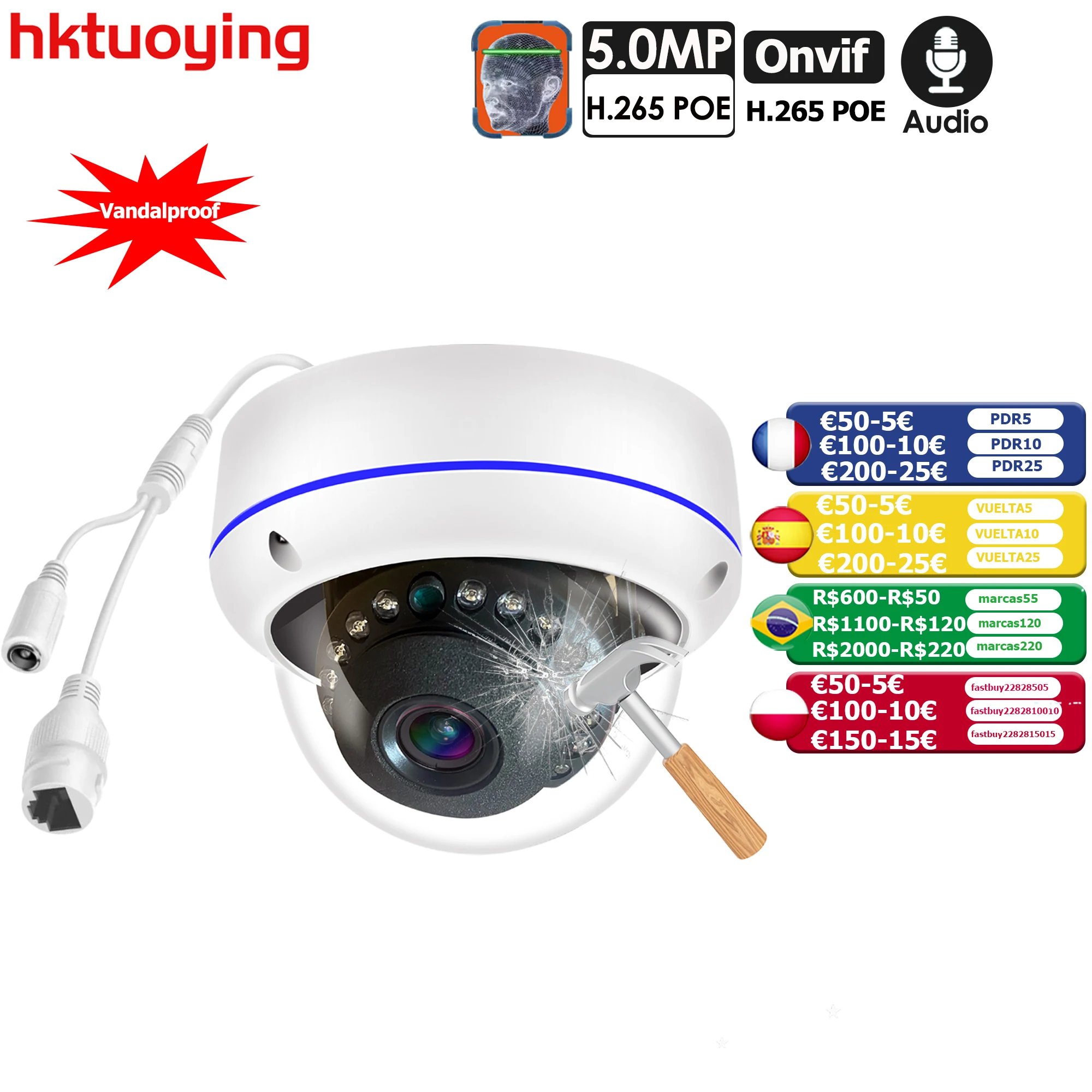 H265+ 5MP Metal Dome POE IP Camera ONVIF Audio Record CCTV Camera 3mp Vandalproof IP66 Outdoor ...