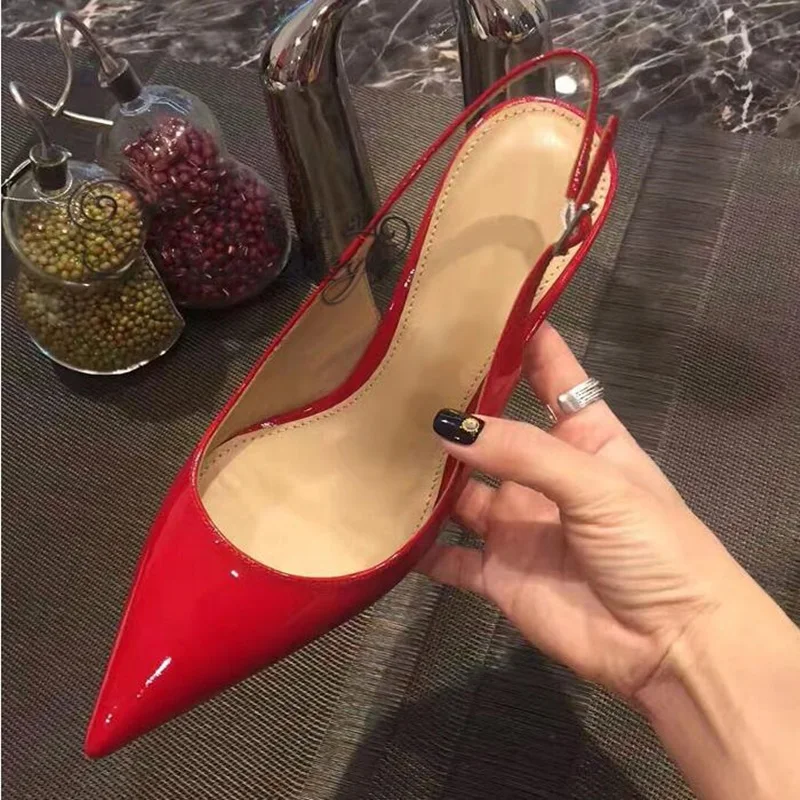 Red Patent Leather Slingback Woman Shoes Pointed toe Cut-out Shallow ...