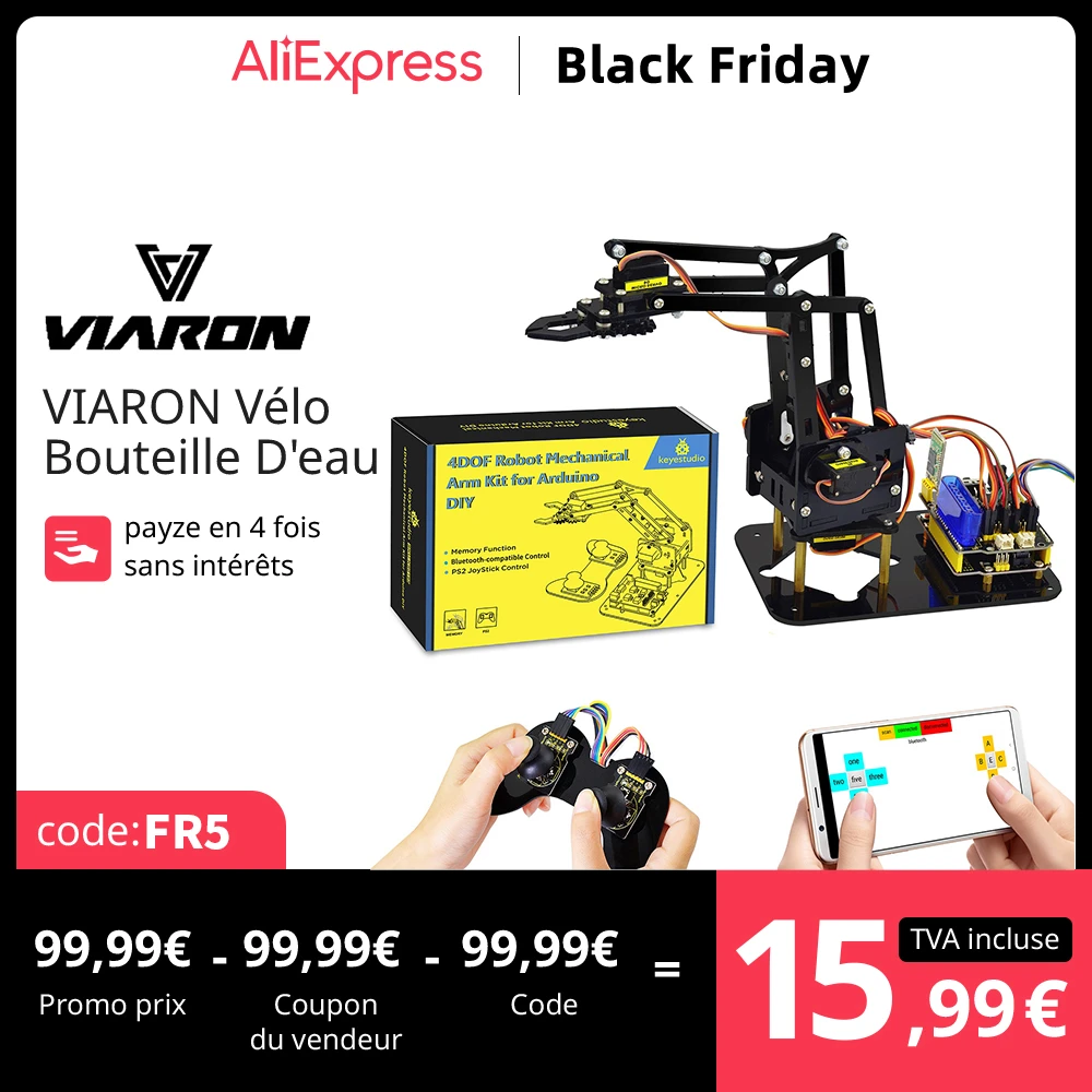 Keyestudio STEM 4DOF Robot Arm Kit Mechanical Arm Claw Kit PS2 Control ...