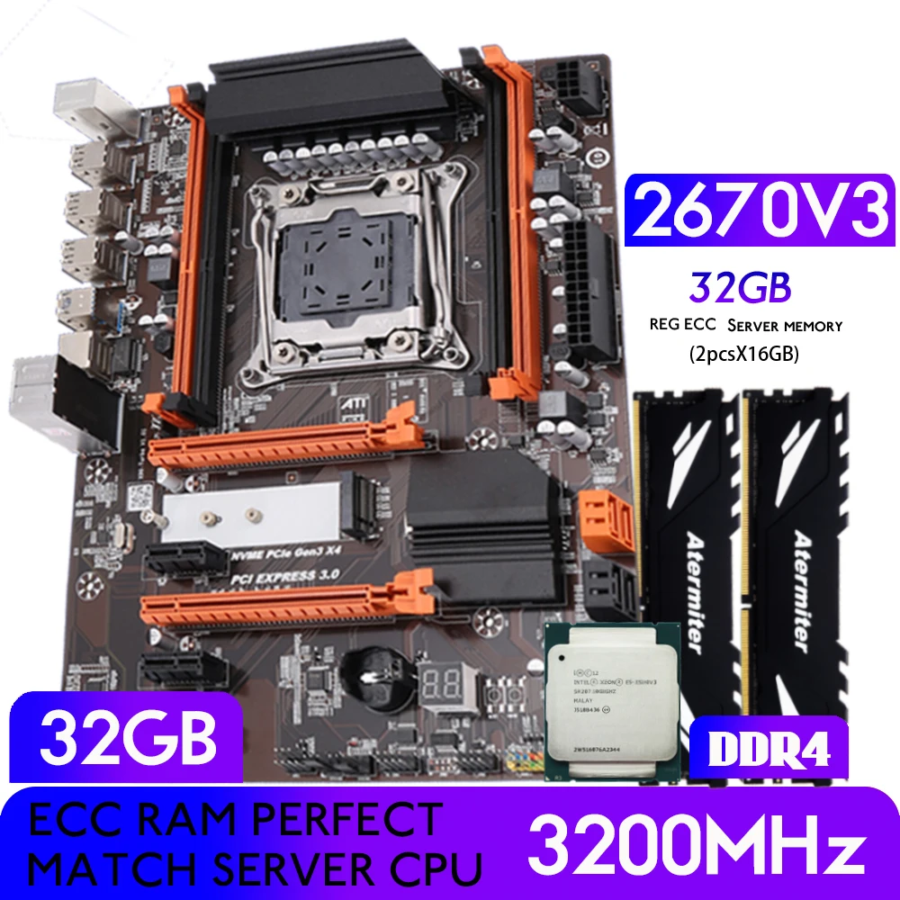 Atermiter Motherboard Kit Set With LGA 2011-3 Xeon E5 2670 V3 CPU Processor 32GB DDR4 3200MHz ...