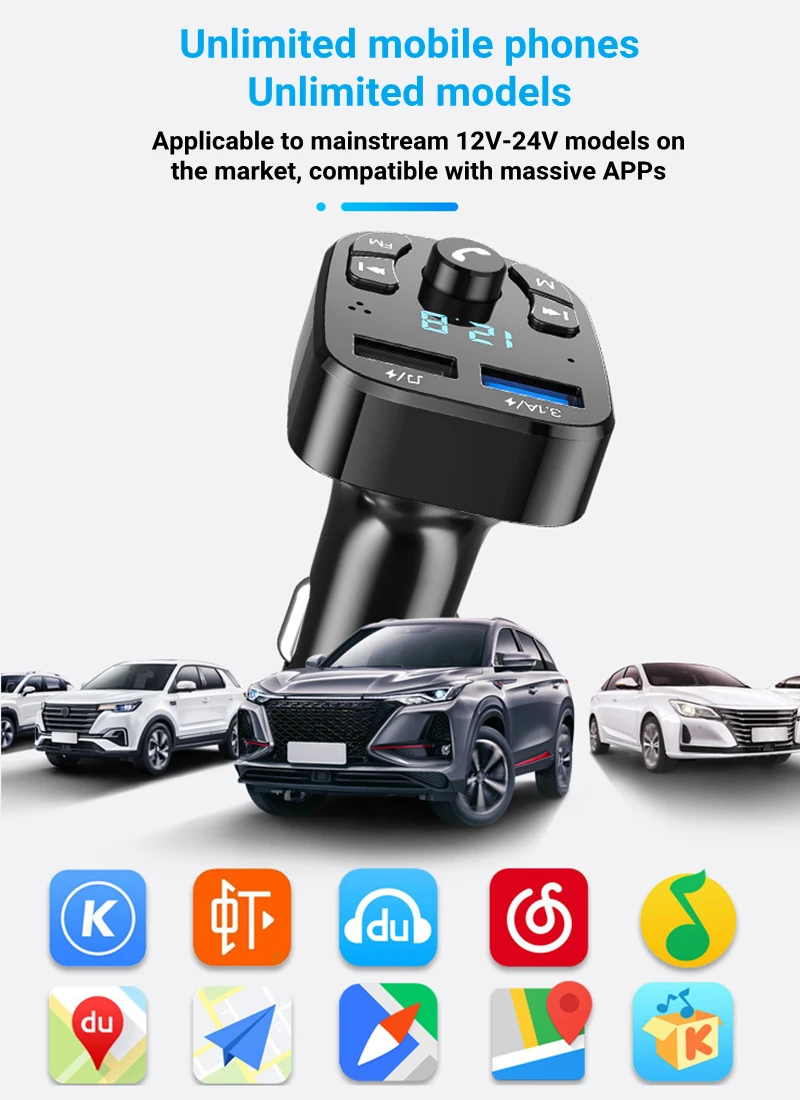 Car Hands free Bluetooth 5.0 FM Transmitter Car Kit MP3 Modulator ...