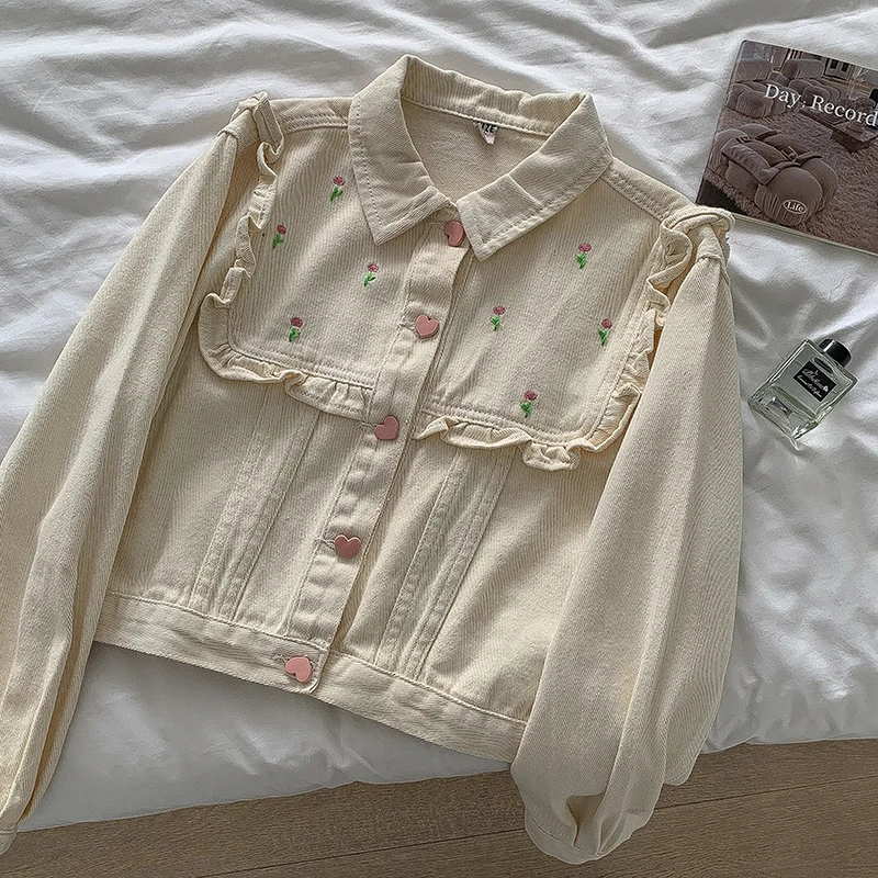 Cute-Apricot-Denim-Jacket-for-Women-Floral-Embroidery-Turn-Down-Collar ...