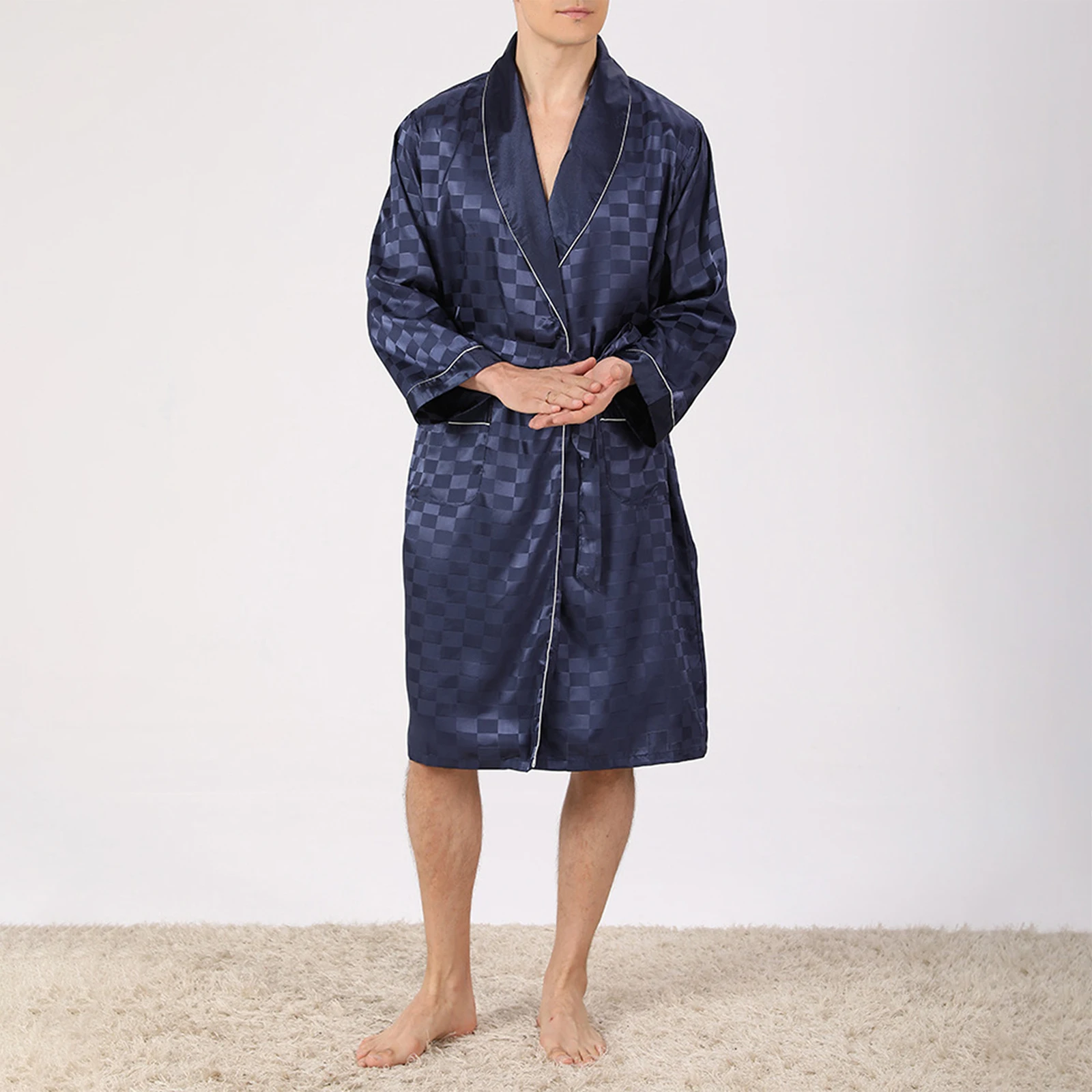 Men Summer Bathrobe Set Plaid Jacquard Long Sleeve Spa Kimono Robe with ...