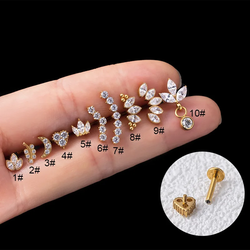 F136 Titanium Piercing Labret Studs Internal Thread CZ Leaf Crown Helix ...