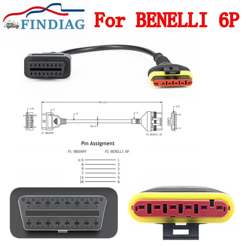 For Benelli 6 Pin Motorcycle Diagnostic Cable Motorbike To 16 Pin OBD2 ...