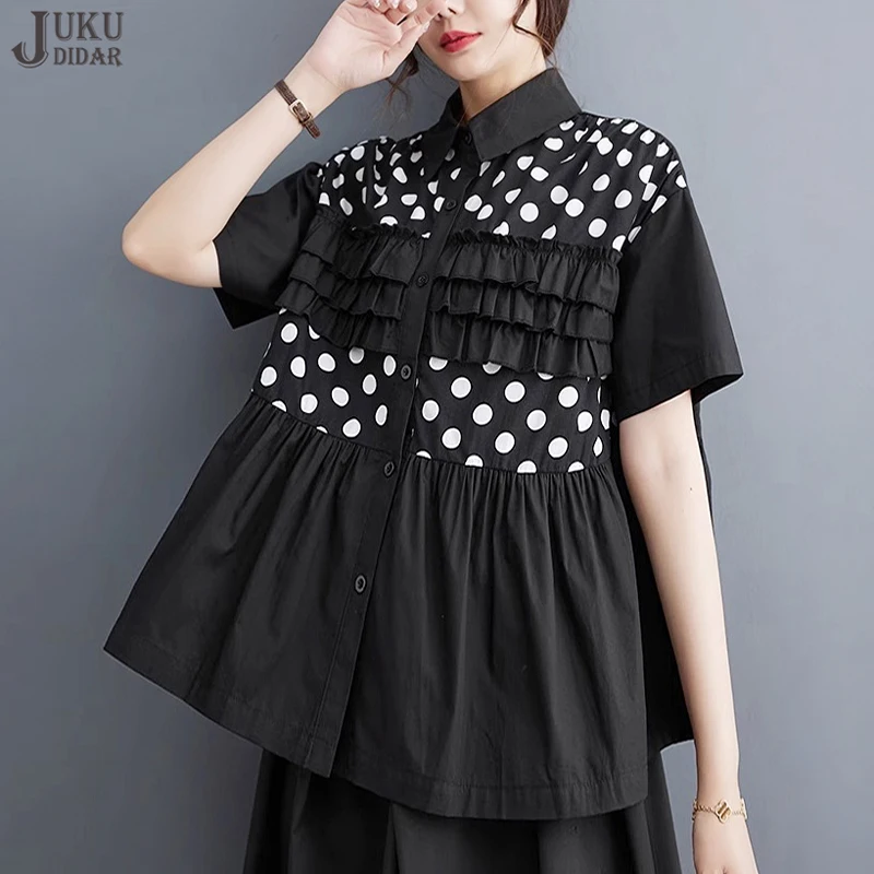 Korean Style Polka Dots Printed Loose Fit Oversized Woman Summer Top ...