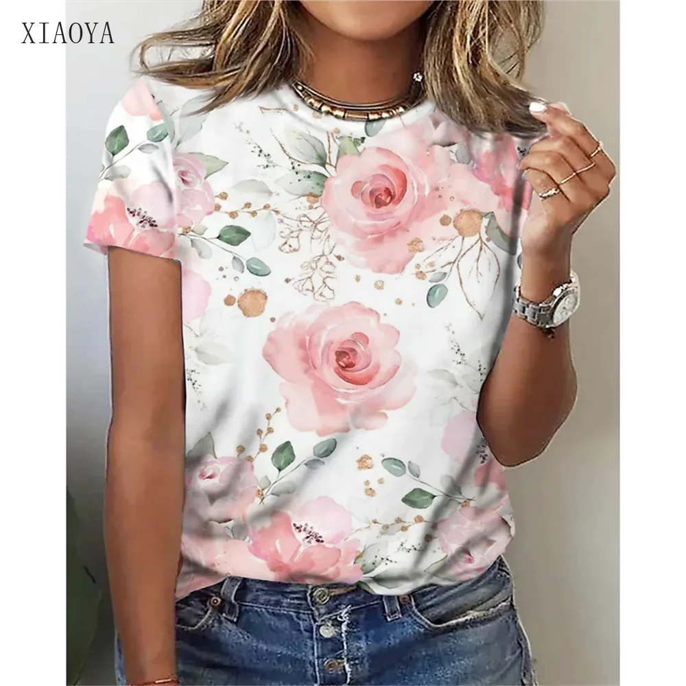 New O neck Women's T shirt Flower Pattern 3D Printing Fashion Ladies ...