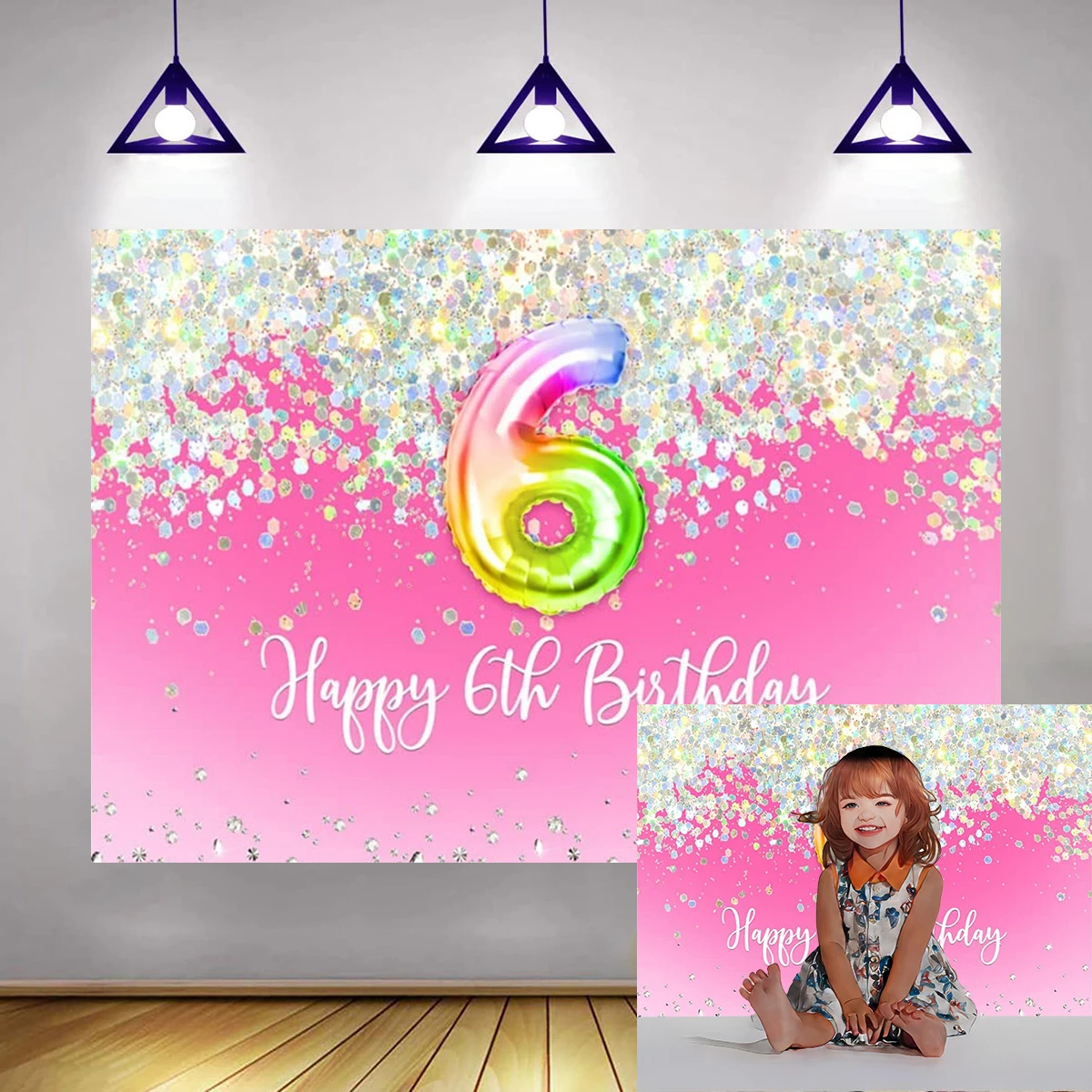 Pink Glitter Number Balloons Happy 6th Birthday Banner Backdrop Party ...