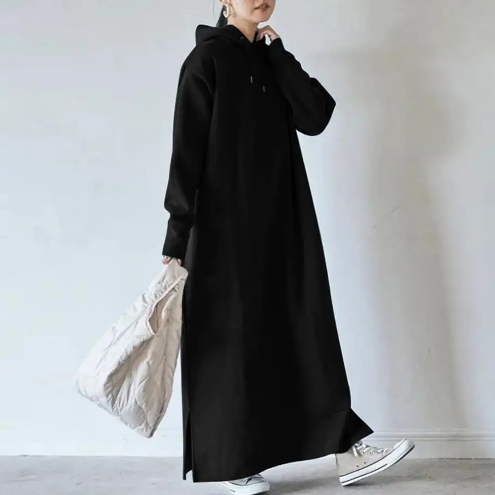 Women Dress Solid Drawstring Long Sleeve Hoodie Dress Side Split Hem ...