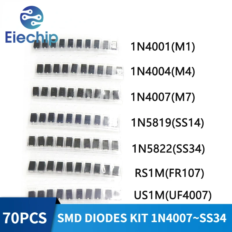 70pcs Smd Diodes 1n4001 1n4004 1n4007 Ss14 Us1m Rs1m Ss34 Schottky ...