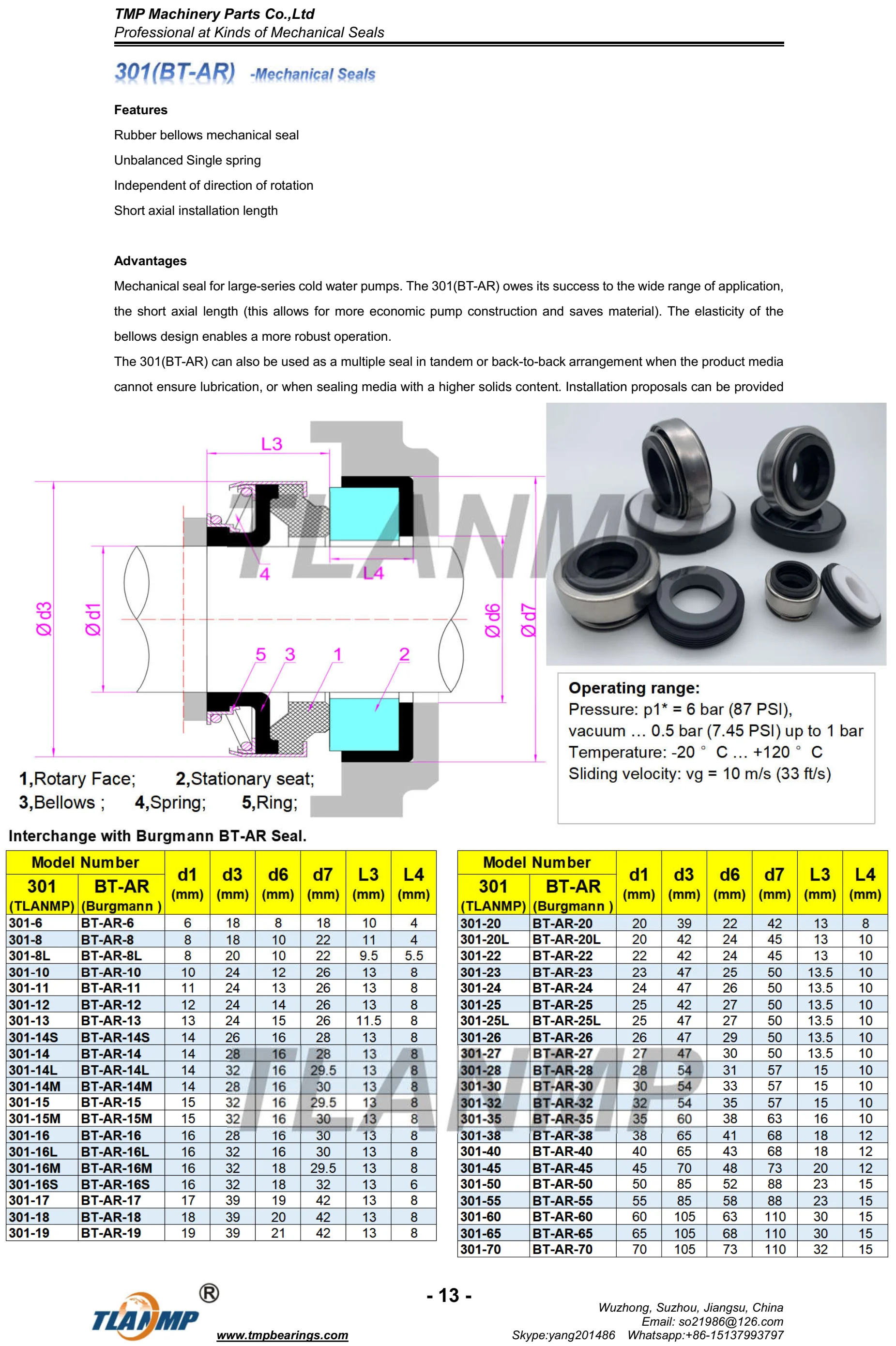 Generic 301-30 , BT-AR-30 TLANMP Mechanical Seals For Water s ...