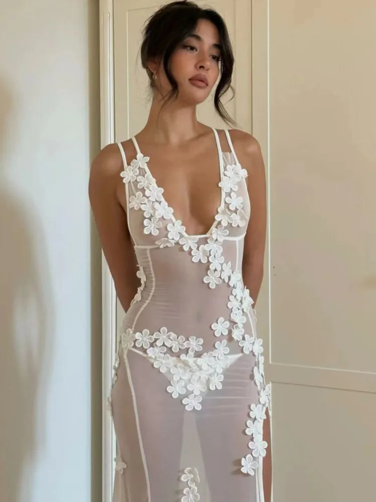 Mozision-Lace-See-Through-Floral-Flower-Sexy-Maxi-Dress-For-Women-White-Spaghetti-Strap ...