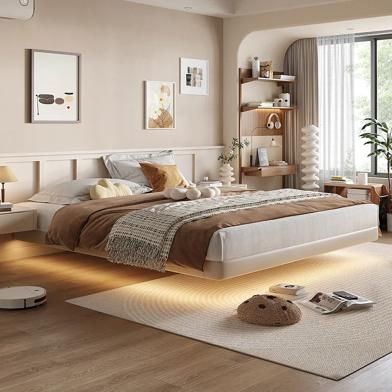 Italian-Cream-Air-Suspended-Bed-Genuine-Leather-Bed-Headless-Bed-Modern ...