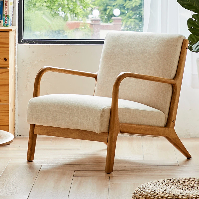Solid Wood Retro Simple Single Sofa Chair Backrest Balcony Fabric Milk ...