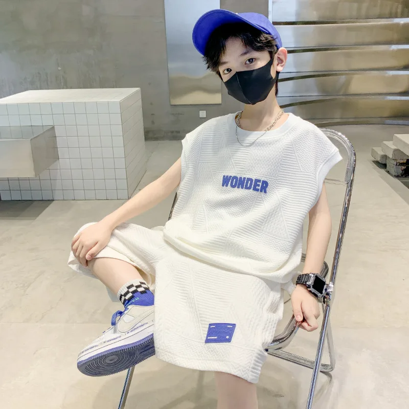 Summer-Boys-Waffle-Alphabet-Sleeveless-t-Shirt-Tops-Short-Pants-Set ...