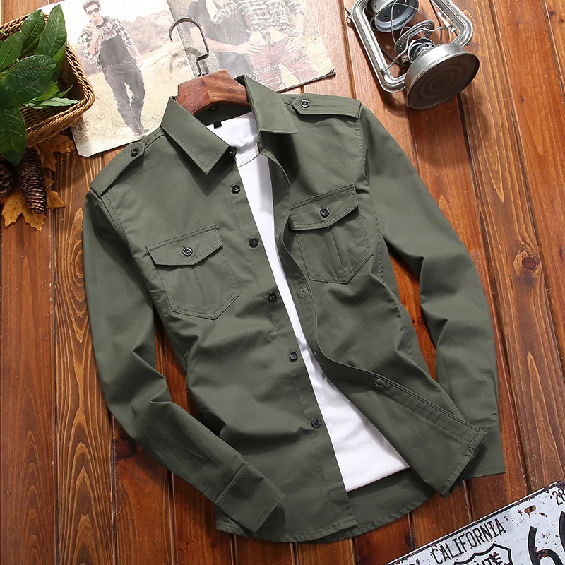 New Men Causal Shirts Cargo Tactical Military Slim Fit Shirt Men's ...