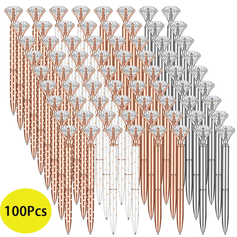 100Pcs-Big-Crystal-Diamond-Ballpoint-Pens-Retractable-Metal-Crystal ...