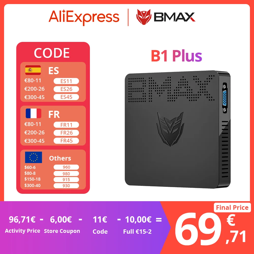 BMAX-Mini ordenador B1 Plus, procesador PC Intel Apollo Lake N3350, Windows 10, 4K, 6GB, 64GB ...