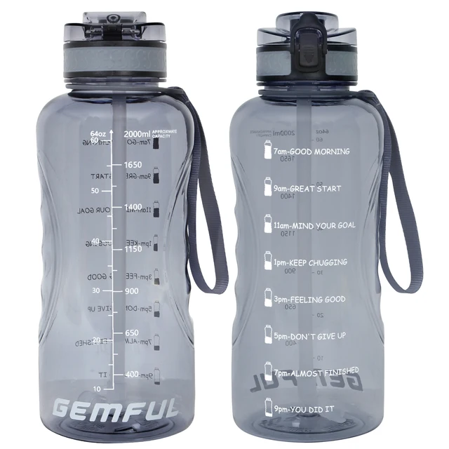 GEMFUL 2l Water Bottle with Time Marking and Straw 64 OZ Motivational Drinking Jug 2 Litre for ...