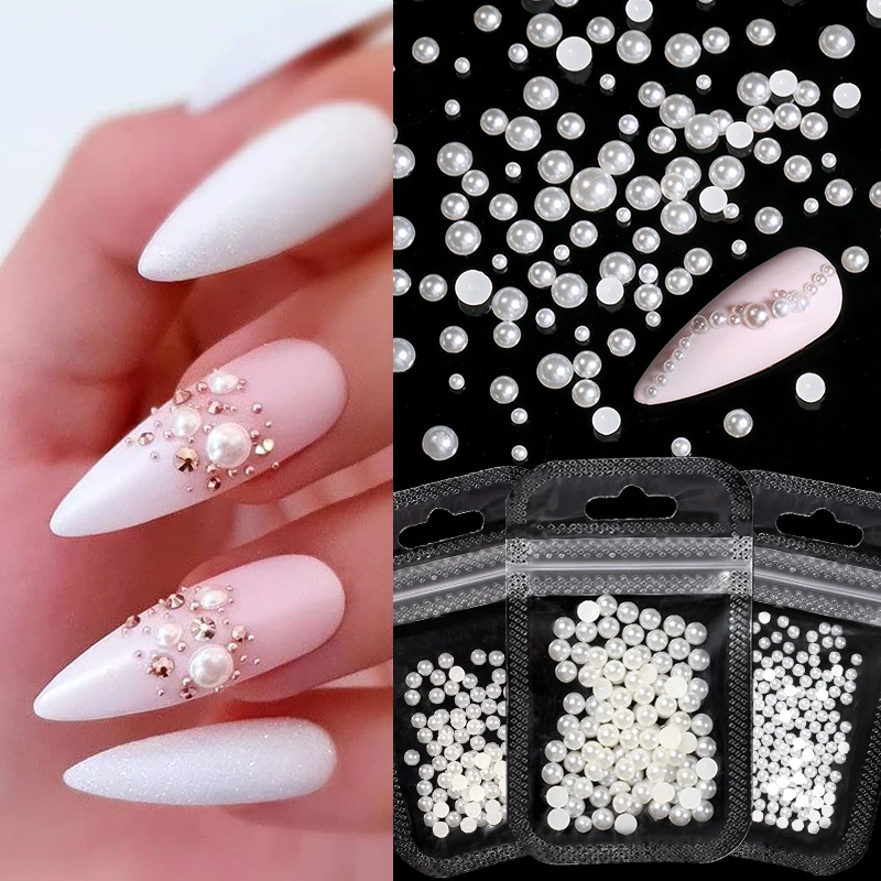 Nail Art Rhinestones Half Round Pearl Bead Mixed Size White Half Round ...