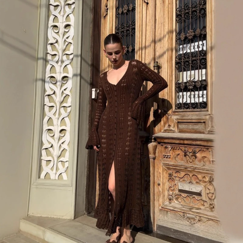 2025 Autumn Babes Cutout Long Knit Jacket Women's Design Sense Ruffles ...