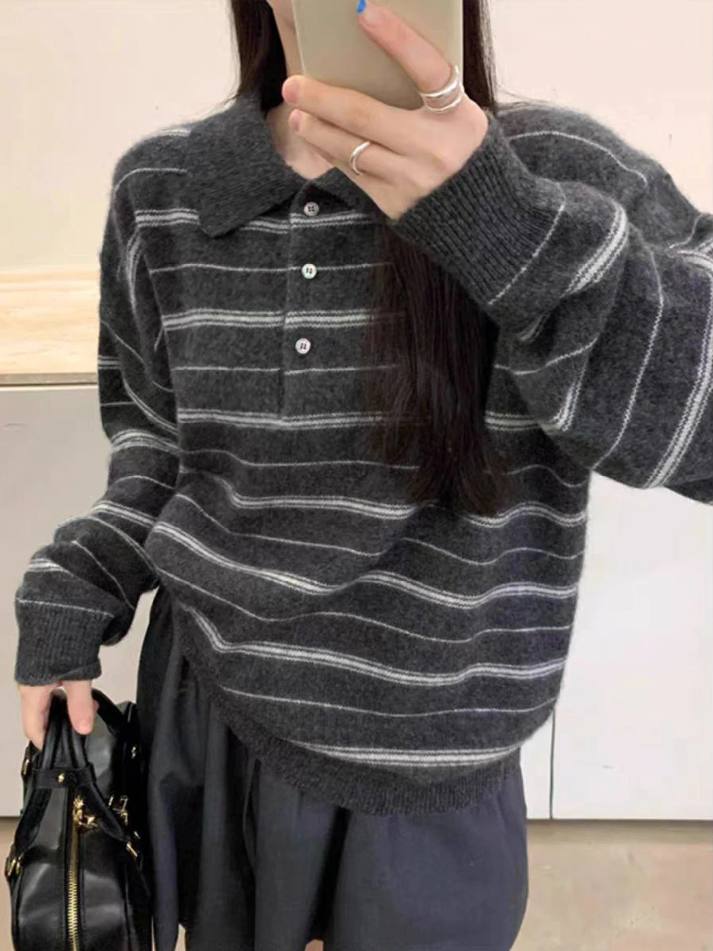 Autumn POLO neck sweater women's pure cashmere high-end loose striped ...