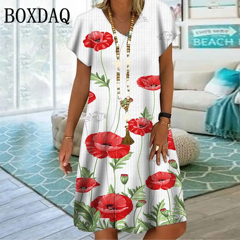 Mini-robe-rouge-imprim-e-pour-femme-vintage-fleurs-v-g-tales-manches ...