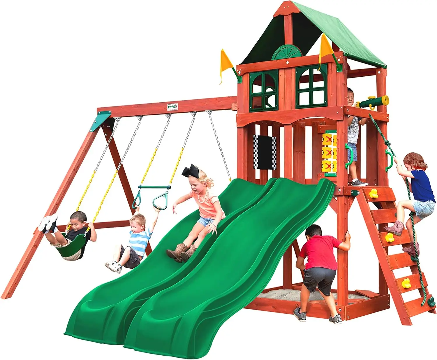 01-1057-Deluxe-Wooden-Swing-Set-with-Vinyl-Canopy-Roof-Dual-Wave-Slides ...