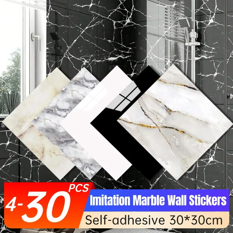 4-30 Pcs Imitation Marble Wall Stickers Self-adhesive Faux Tiles Wall ...