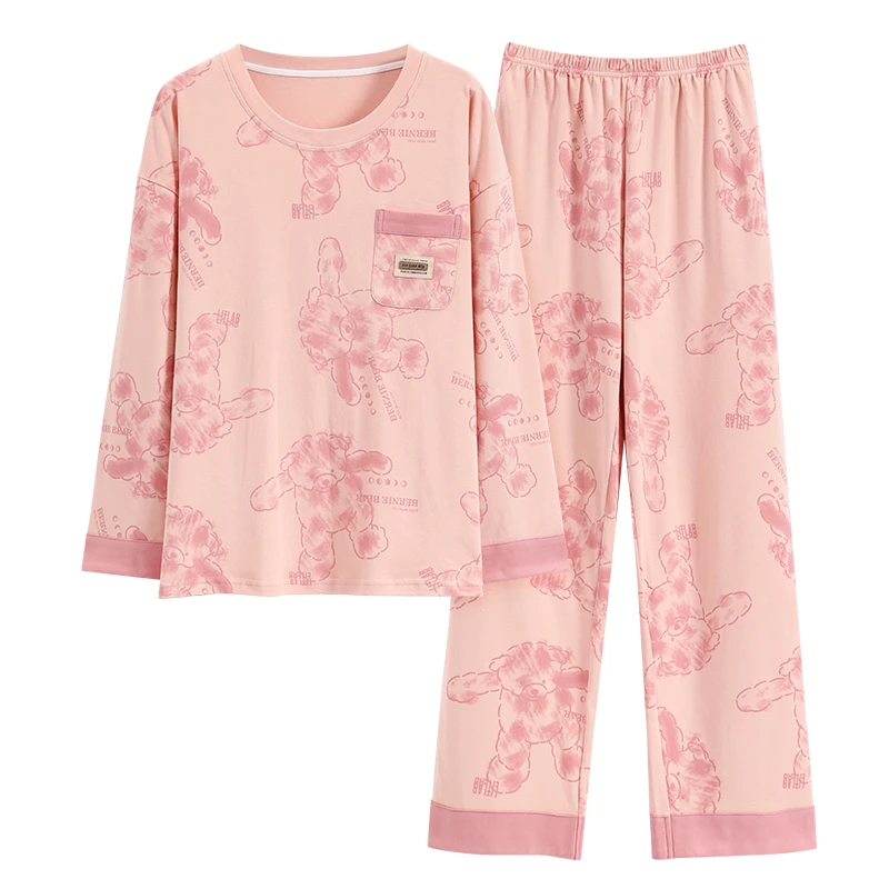 Cute-Pajamas-Sets-for-Women-Long-Sleeved-Pants-Pink-Cotton-Womens ...