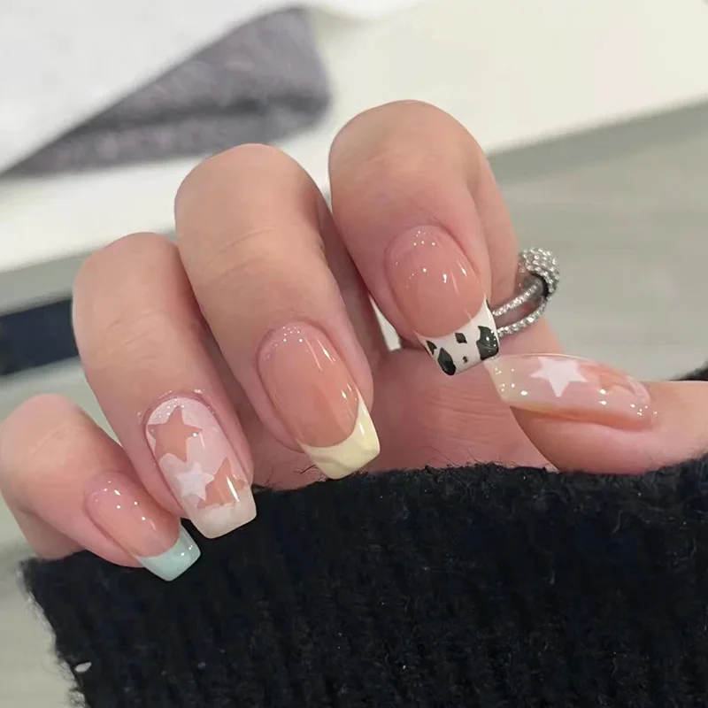 24pcs-French-Nail-Tips-With-Cute-Star-Printed-Designs-False-Nails-Set ...