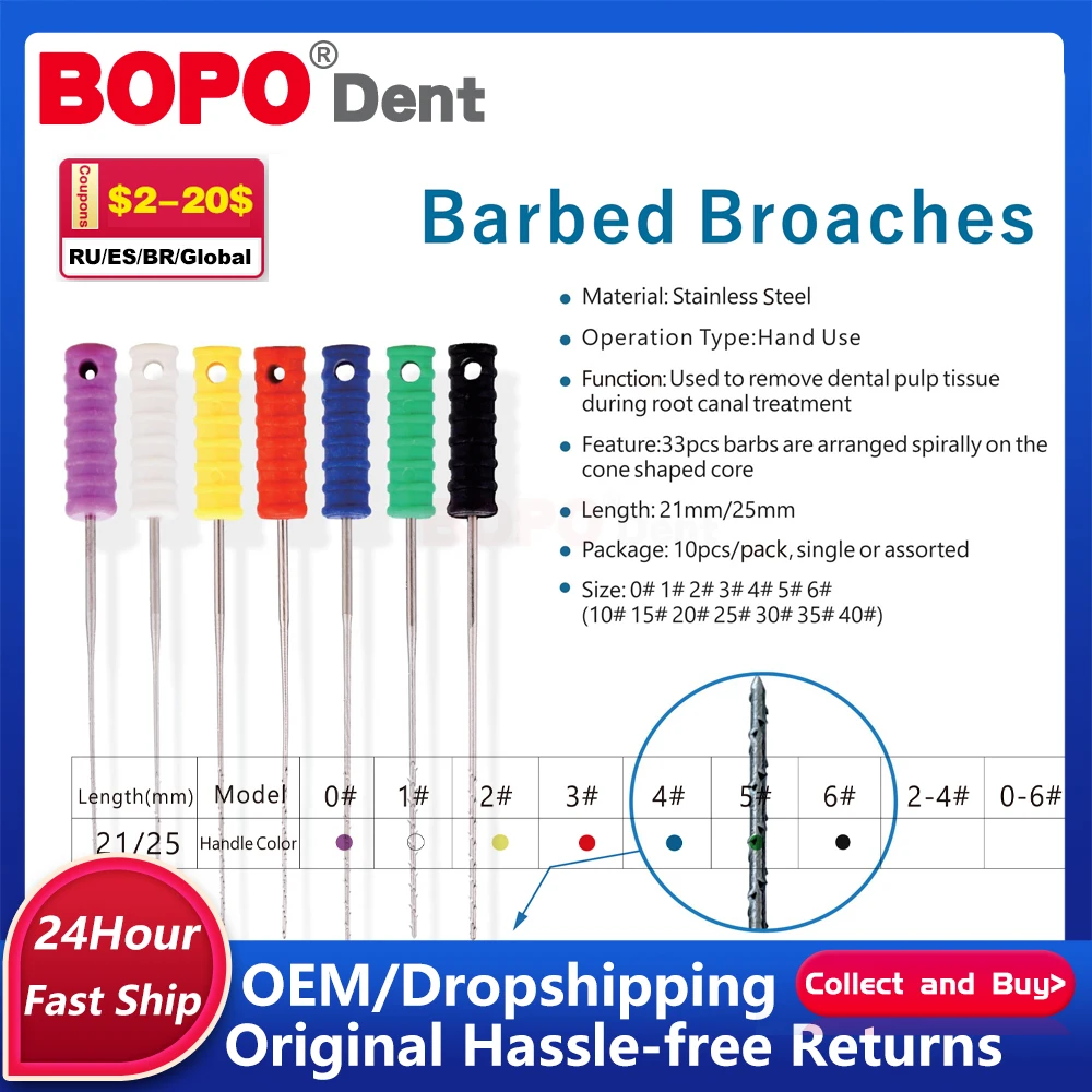 10Pcs/Pack Dental Barbed Broaches Root Canal Files Cleaning Needle Hand ...