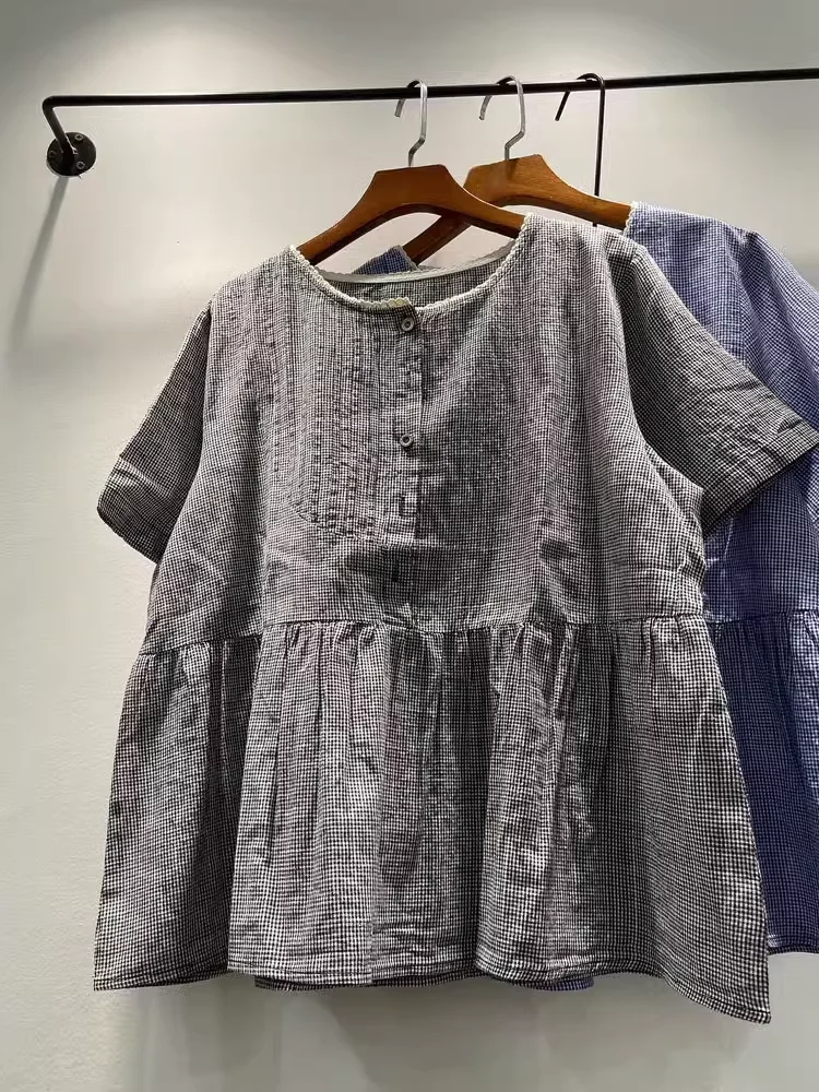 100% cotton women's plaid shirt mori girl summer Japan style short ...