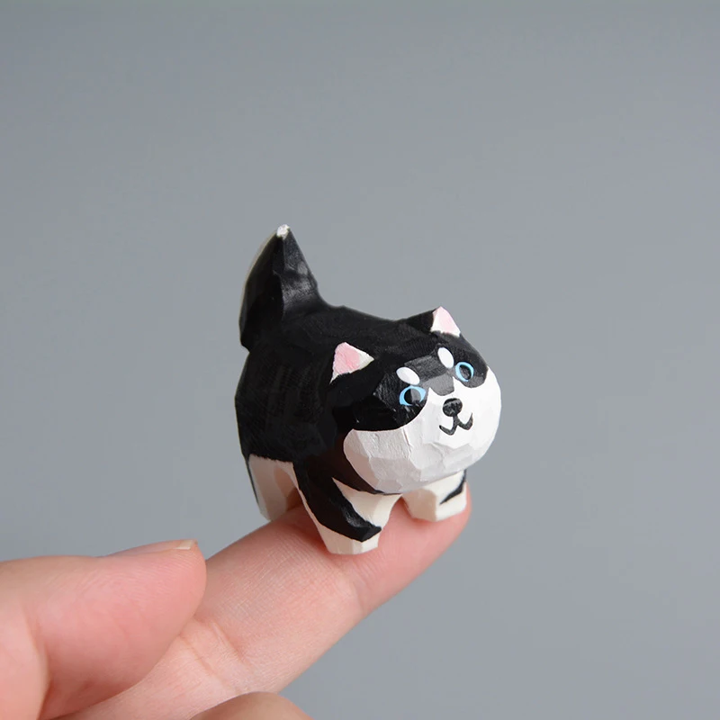Hand Wood Carving Dog Cute Mini Wooden Small Animal Figurine Desktop ...