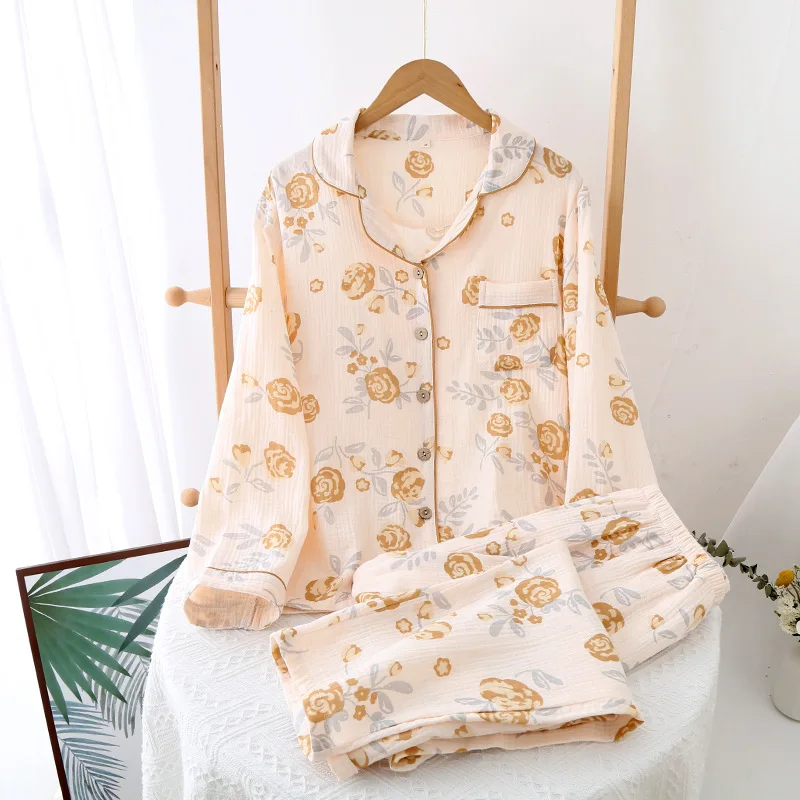 Autumn-Pajamas-For-Women-Cotton-New-Double-Crepe-Ladies-Spring-Lapel ...