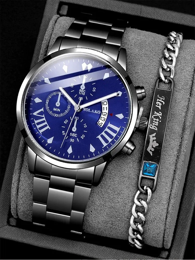 2pcs-Fashion-Business-Calendar-Round-Steel-Band-Men-s-Quartz-Watch-with ...