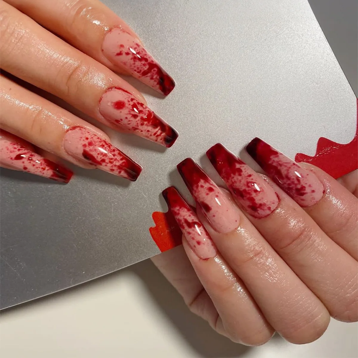 Halloween-Red-Bloodstain-False-Nails-Long-Coffin-Ballet-Full-Cover ...