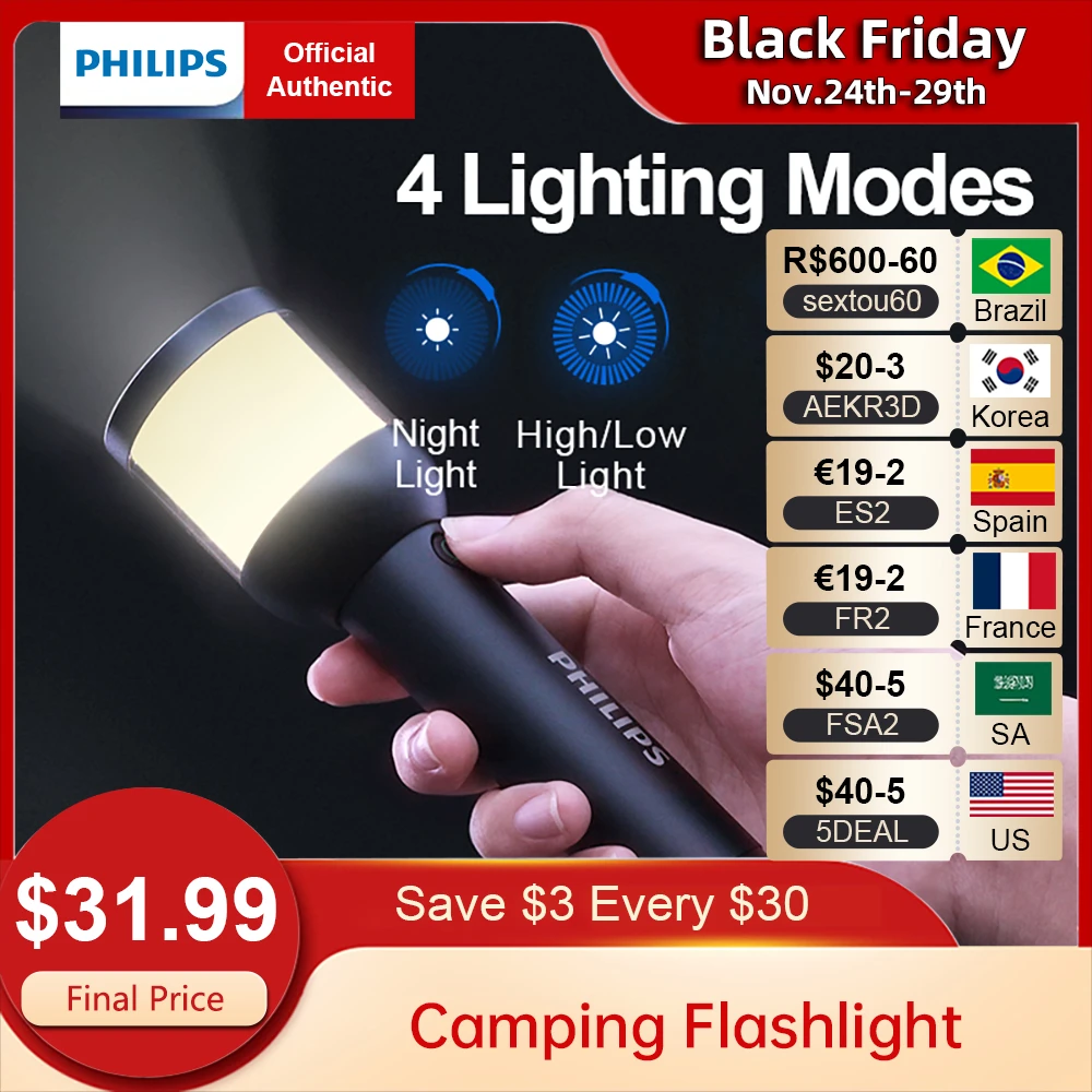 Philips Portable Camping Lamp Flashlight 2-in-1 4 Lighting Modes Usb C ...