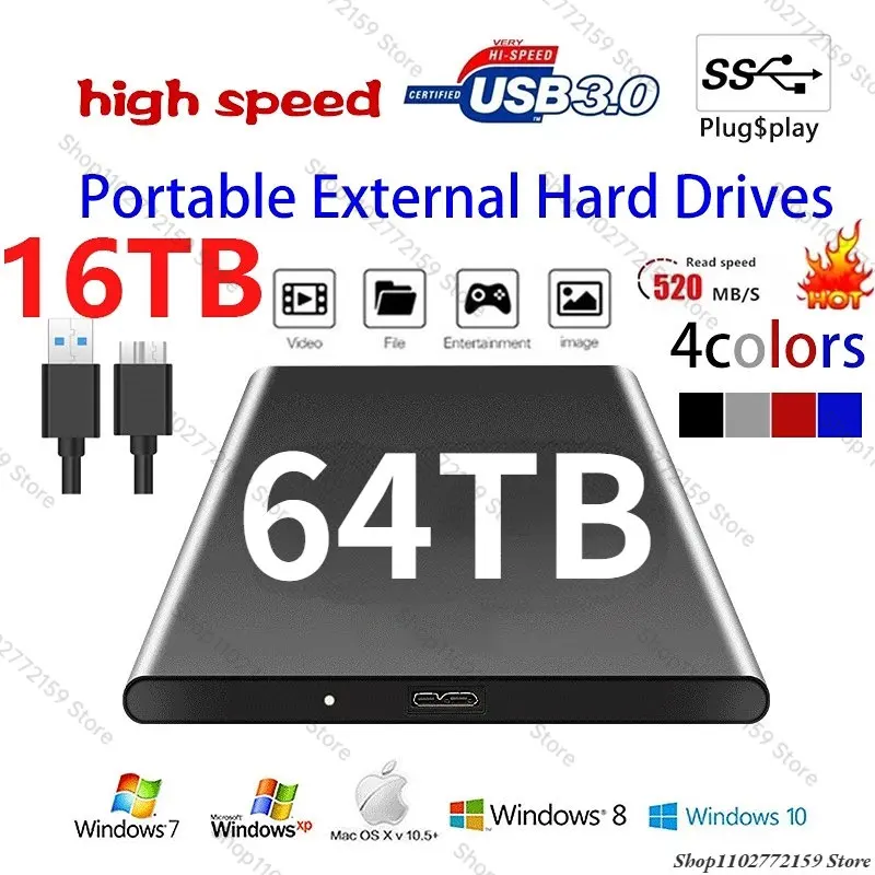 고속 외장 하드 드라이브, USB3.0 SSD, 12TB, 16TB, 64TB, 하드 디스크 저장 장치, 데스크탑 노트북용 디스코 듀로, 2TB, 4TB, 8TB ...