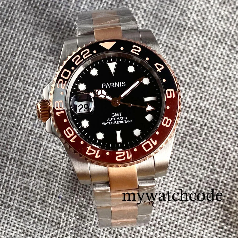 Parnis-gmt-canhoto-rosa-ouro-revestido-rotativa-bezel-40mm-rel-gio ...