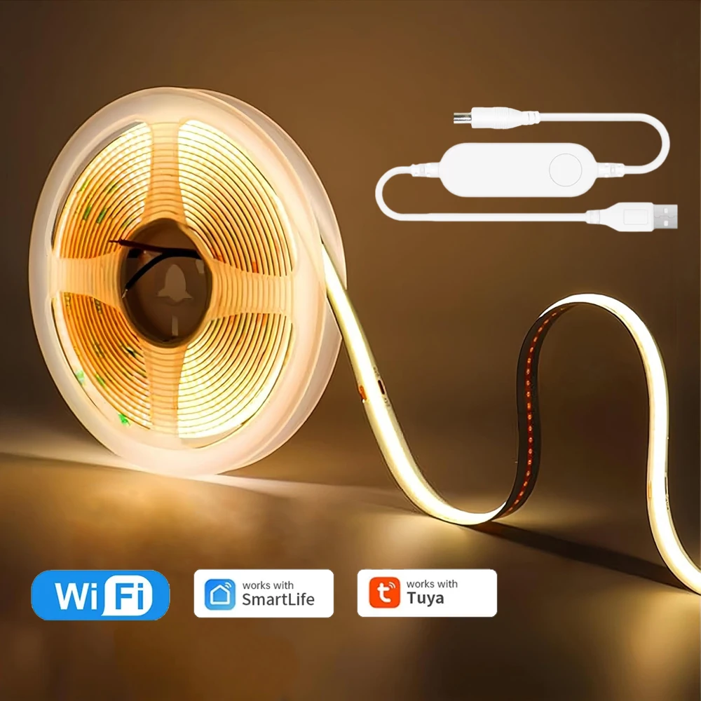 USB Smart Life WiFi COB LED Strip 5V 1m 2m 3m 4m 5m Warm white Dimmable ...