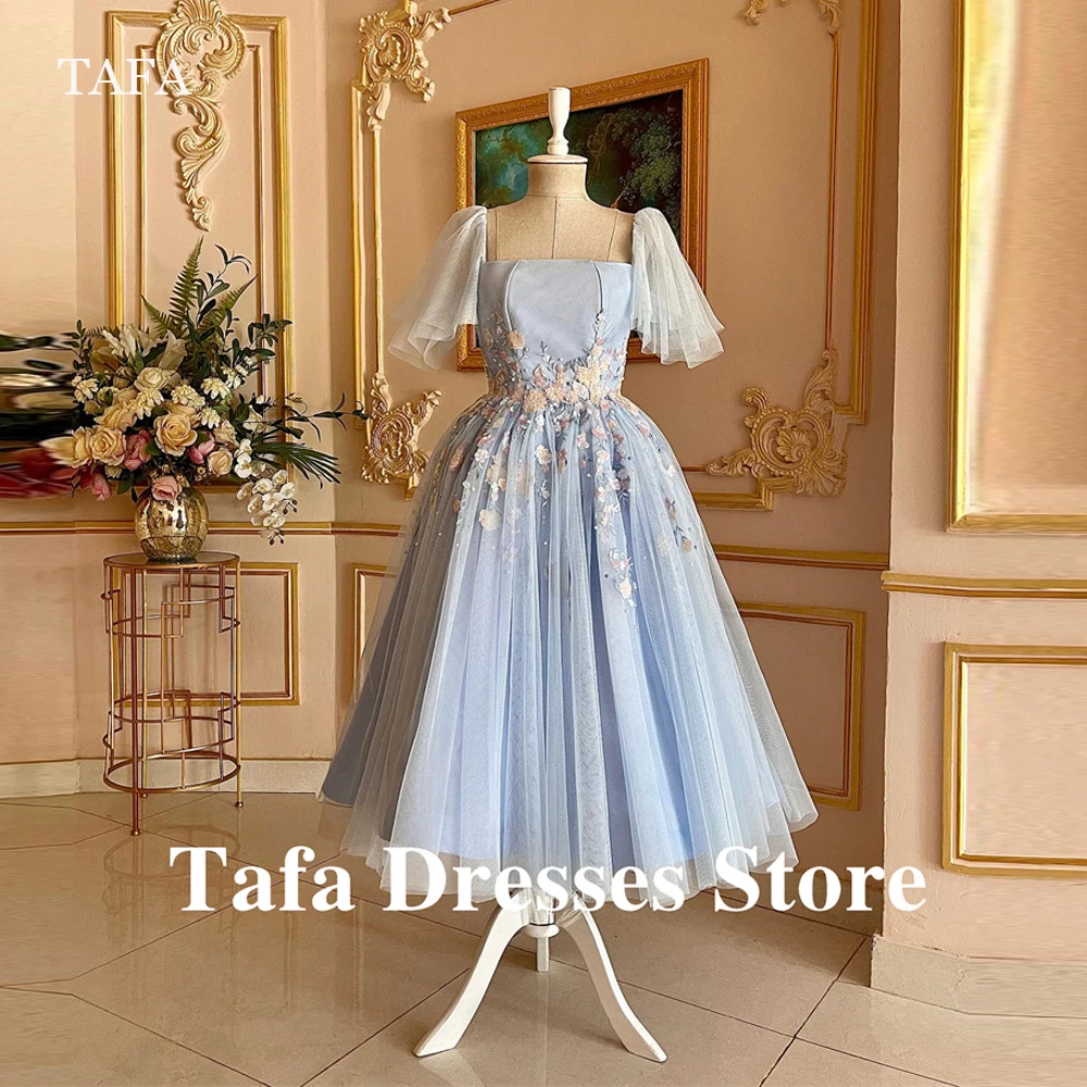 TAFN-Blue-Elegant-Ankle-Length-Dresses-Puff-Sleeves-Square-neck ...