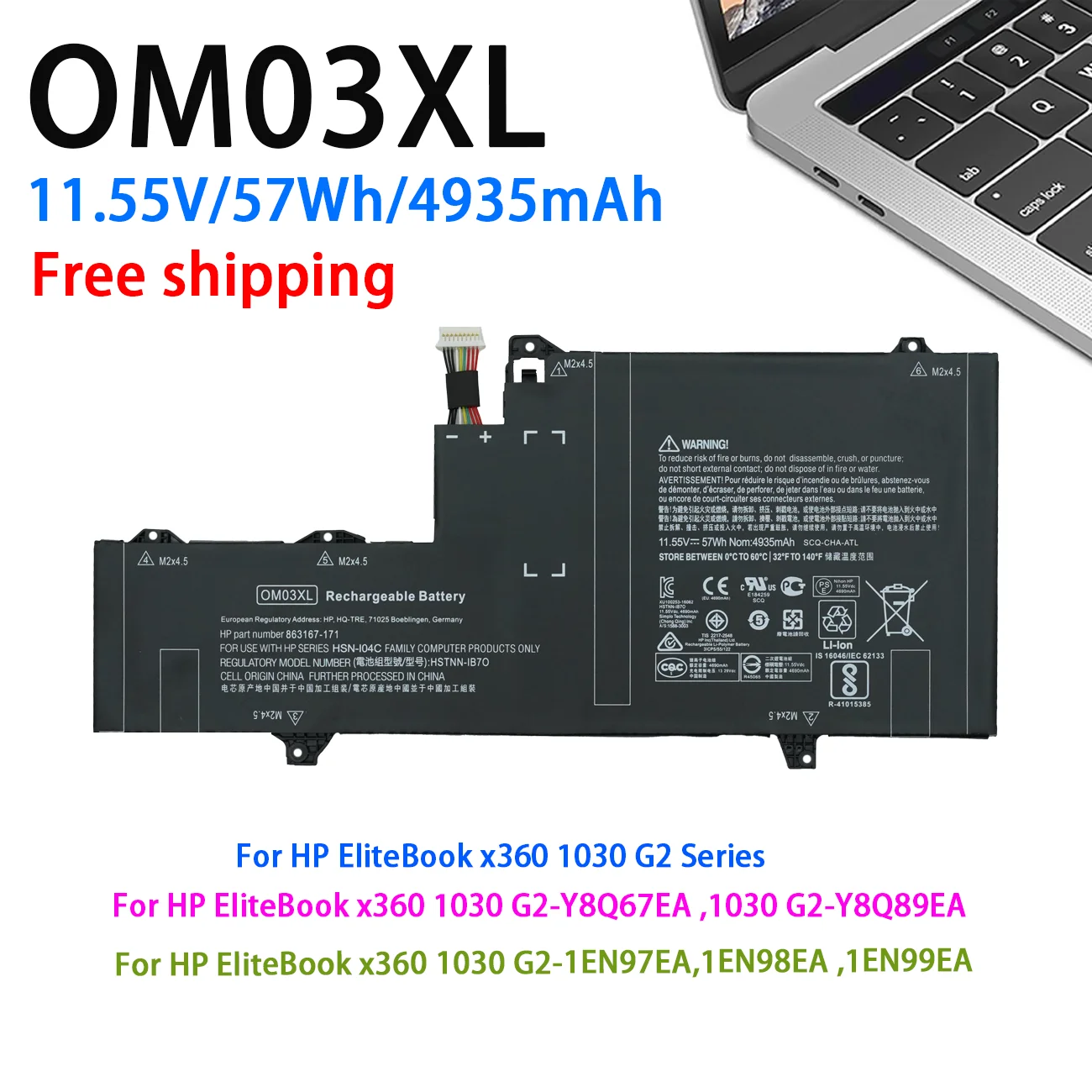 OM03XL 57WH Laptop Battery for HP Elitebook X360 1030 G2，863167 ...