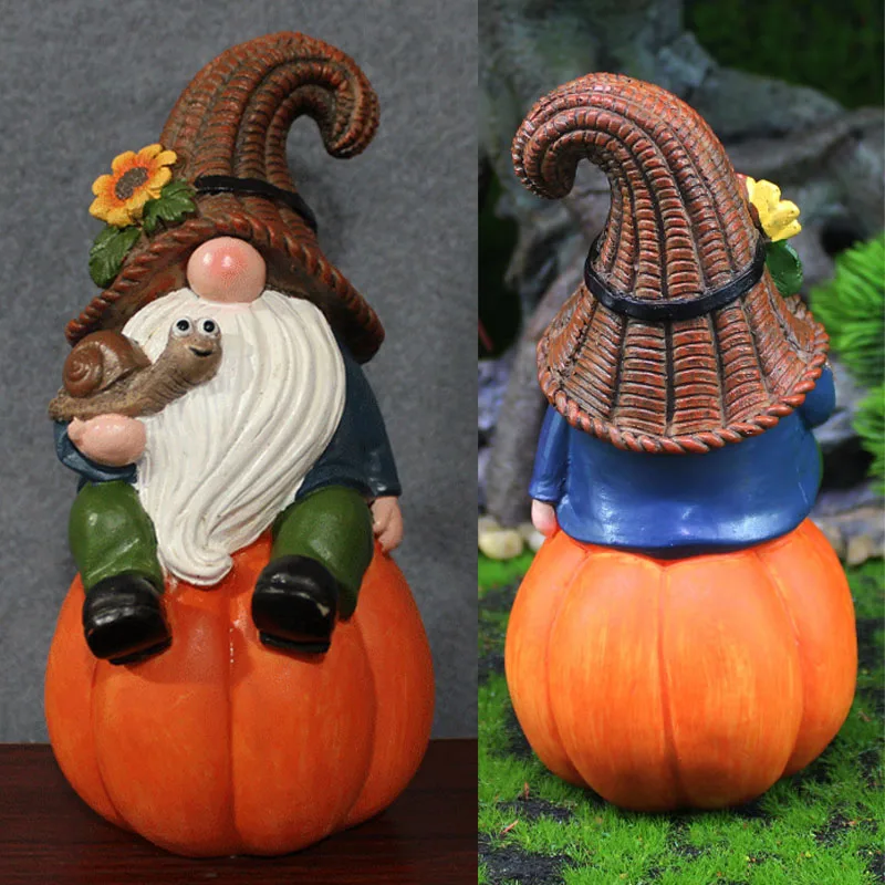 Creative Dwarfs Holding Turtle Sitting on Pumpkin Decorative Figurines ...