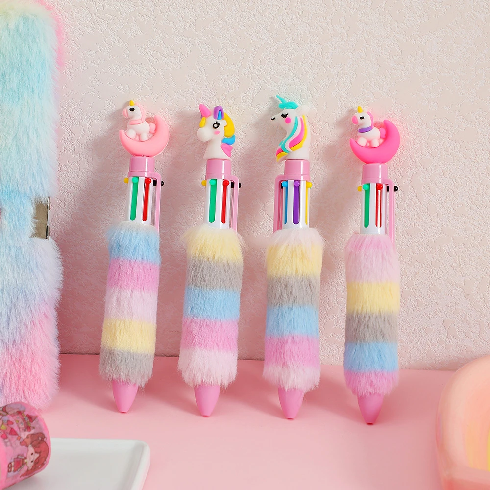 2PCS 6 Colors Children's Unicorn Plush Ball point Pen Student Rainbow ...