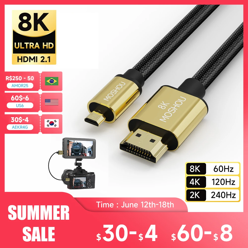 Micro HDMI to HDMI 호환 케이블 2.1 3D 8k 1080P GoPro Hero 7 6 5 Sony A6000 ...