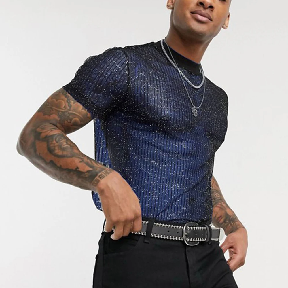 Transparent Men's T-shirt Sequins | Men's Transparent Mesh Blouse - Men ...
