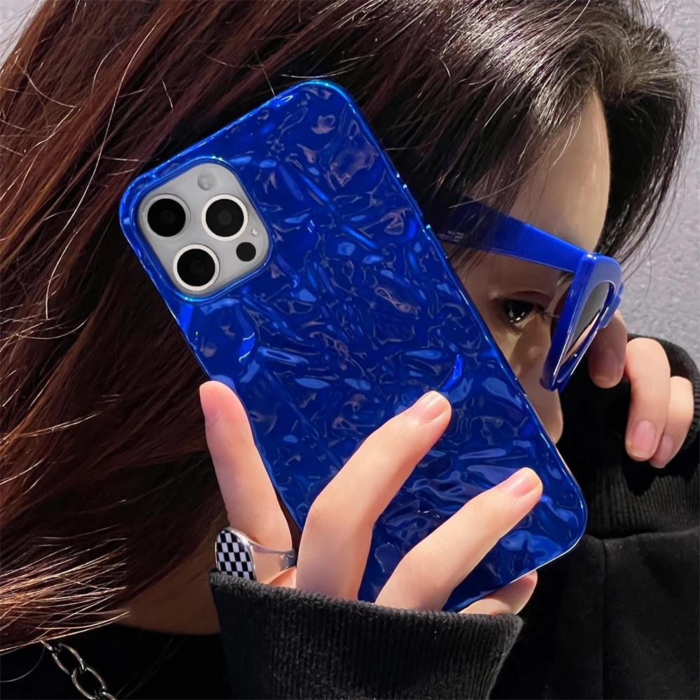 Fashion Bright Blue Tin Foil Pleats Phone Case For iPhone 16 15 14 Plus ...